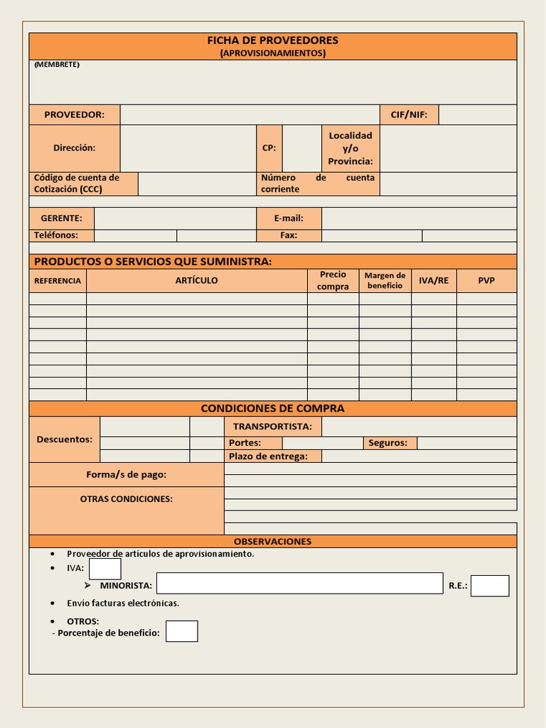 FICHA de PROVEEDORES-Aprovisionamiento-modificada | PDF