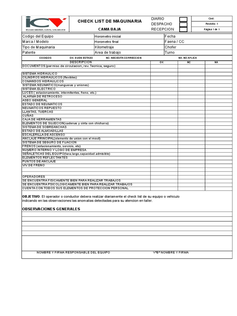 Check List Diario Cama Baja | PDF