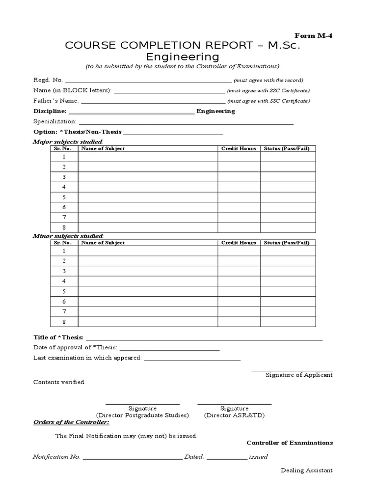Course Completion Form MSC | PDF