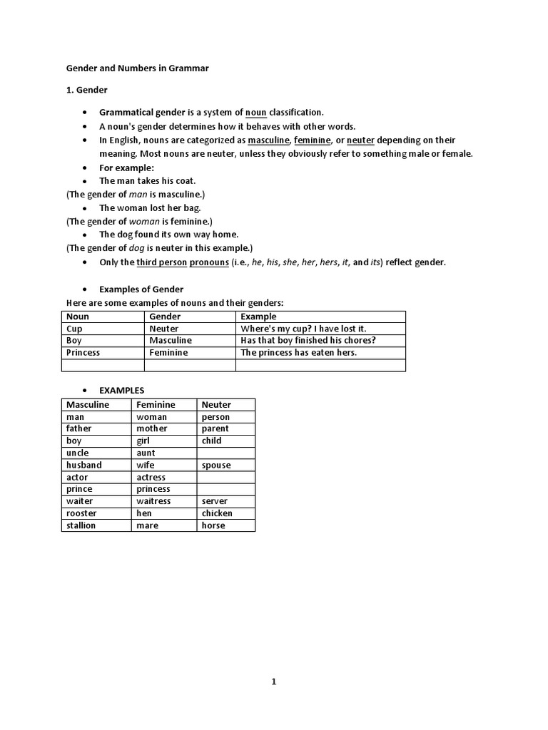 Gender and Numbers in Grammar | PDF | Grammatical Gender | Grammatical ...
