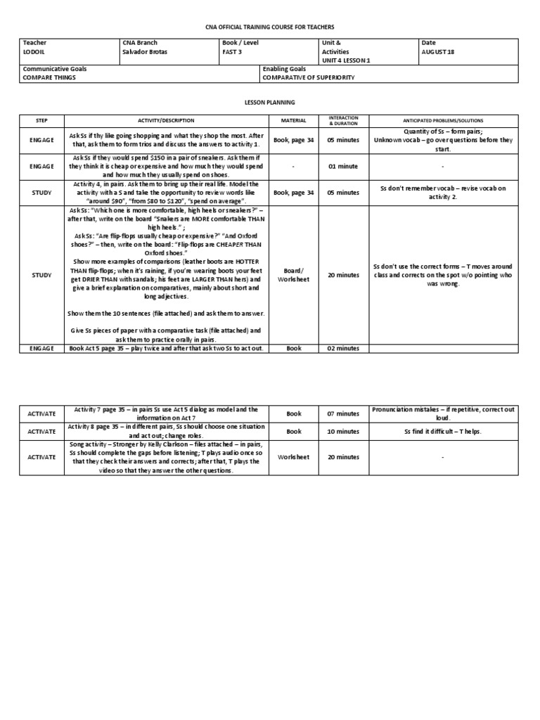 CNA Teacher Training: Comparative Lesson Plan | PDF | Sneakers | Shoe