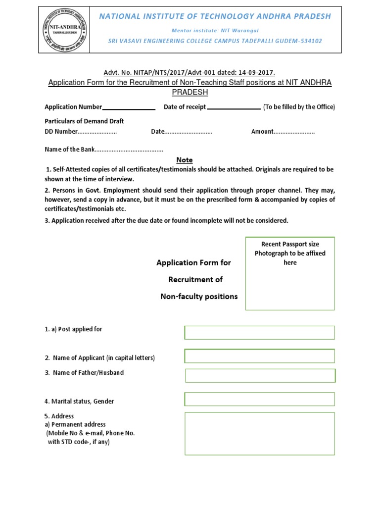 NIT AP Non Teaching Application Form-250917 | PDF | Further Education ...