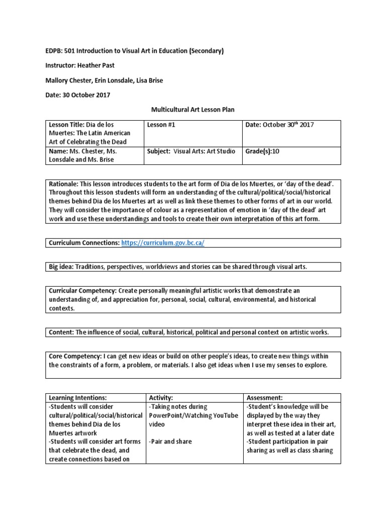 Dia de los Muertes Art Lesson Plan | PDF | Curriculum | Classroom