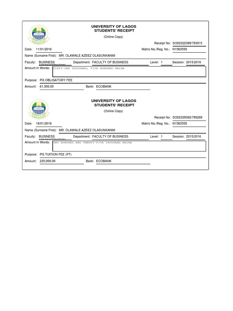 University of Lagos Students' Receipt: Sixty-One Thousand, Five Hundred ...