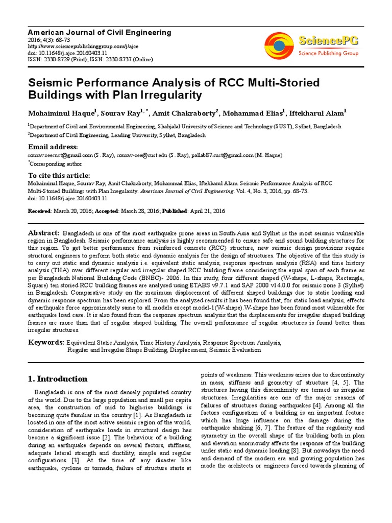 Seismic Performance Analysis of RCC Multi-Storied Buildings With Plan Irregularity | PDF ...