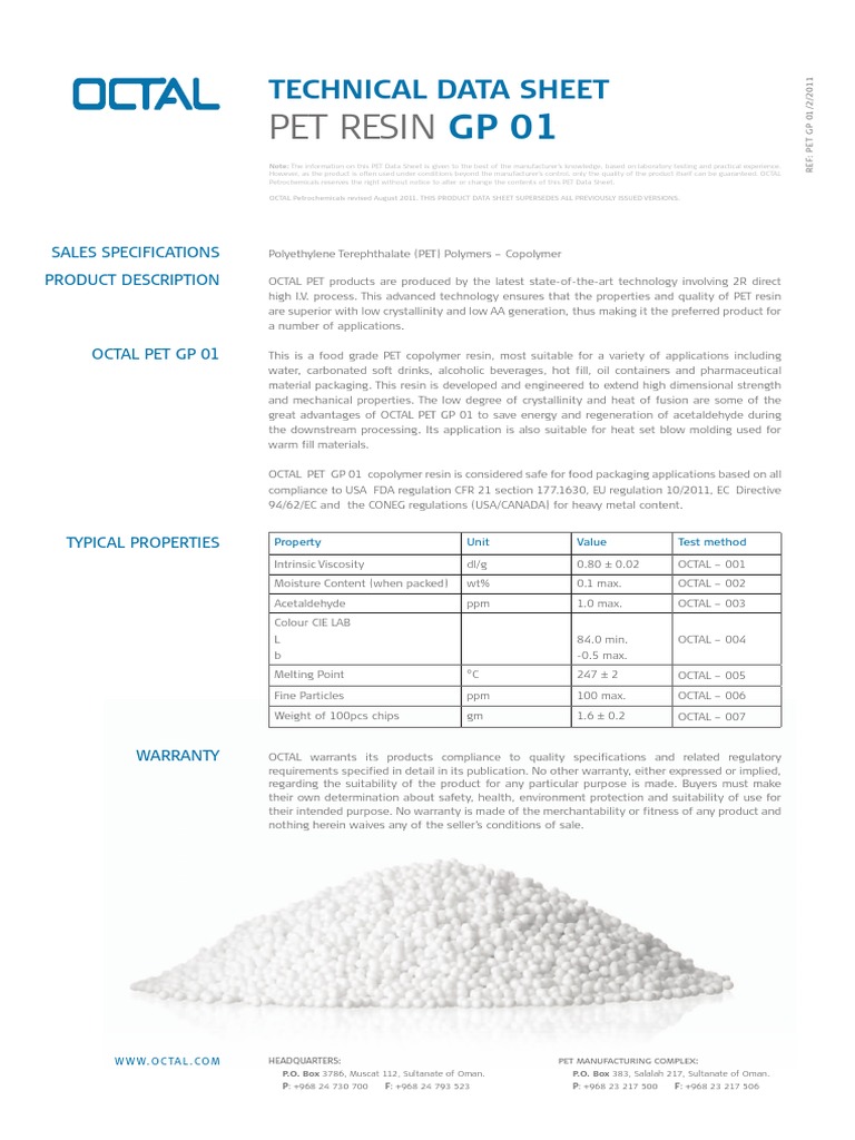 Octal PET Resin Technical Data Sheet | PDF | Production And ...
