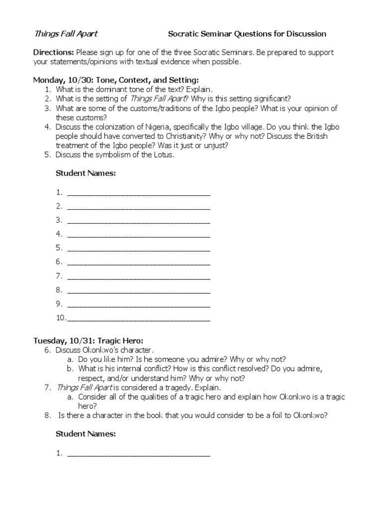 Socratic Seminar on Things Fall Apart | PDF | Igbo People | Tragedy