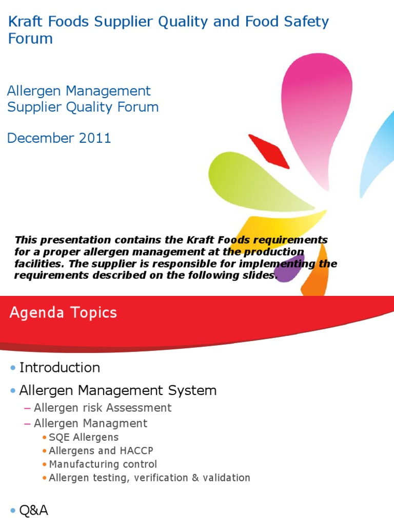 Kraft Foods Supplier Quality and Food Safety Forum Allergen Management ...