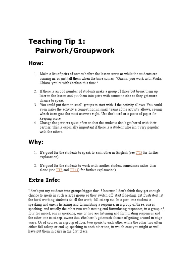 Teaching Tip 1: Pairwork/Groupwork | PDF | Question | Concept