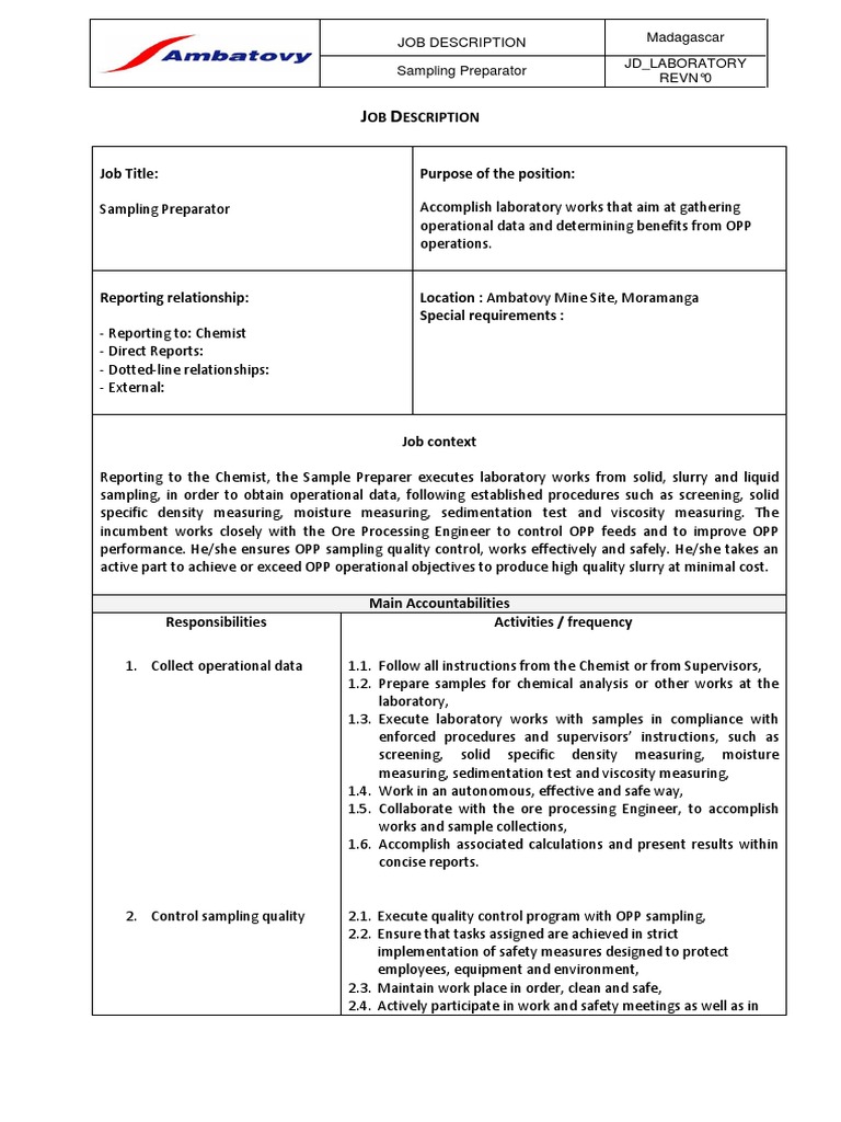 OB Escription: Job Description Madagascar Sampling Preparator JD ...