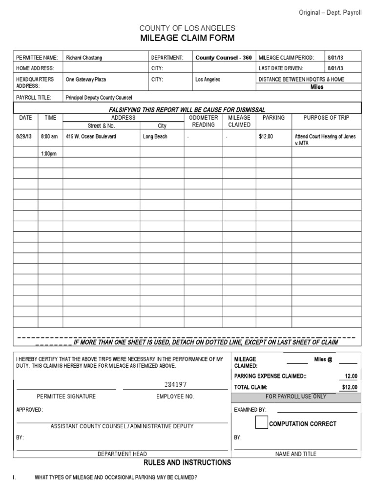 Mileage-Parking Reimbursement Form | PDF | Government Of The United ...