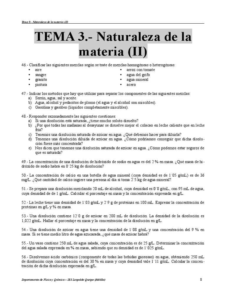 Ejercicios Del Tema 3 (Naturaleza de La Materia II) | Descargar gratis PDF | Concentración | Agua
