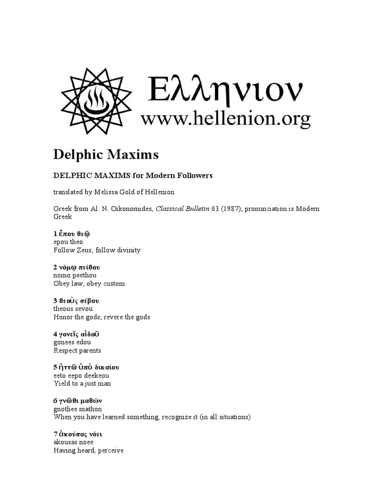 Delphic Maxims Hellenion+ Traducc. Google | PDF | Religious Ethics | Cognitive Science