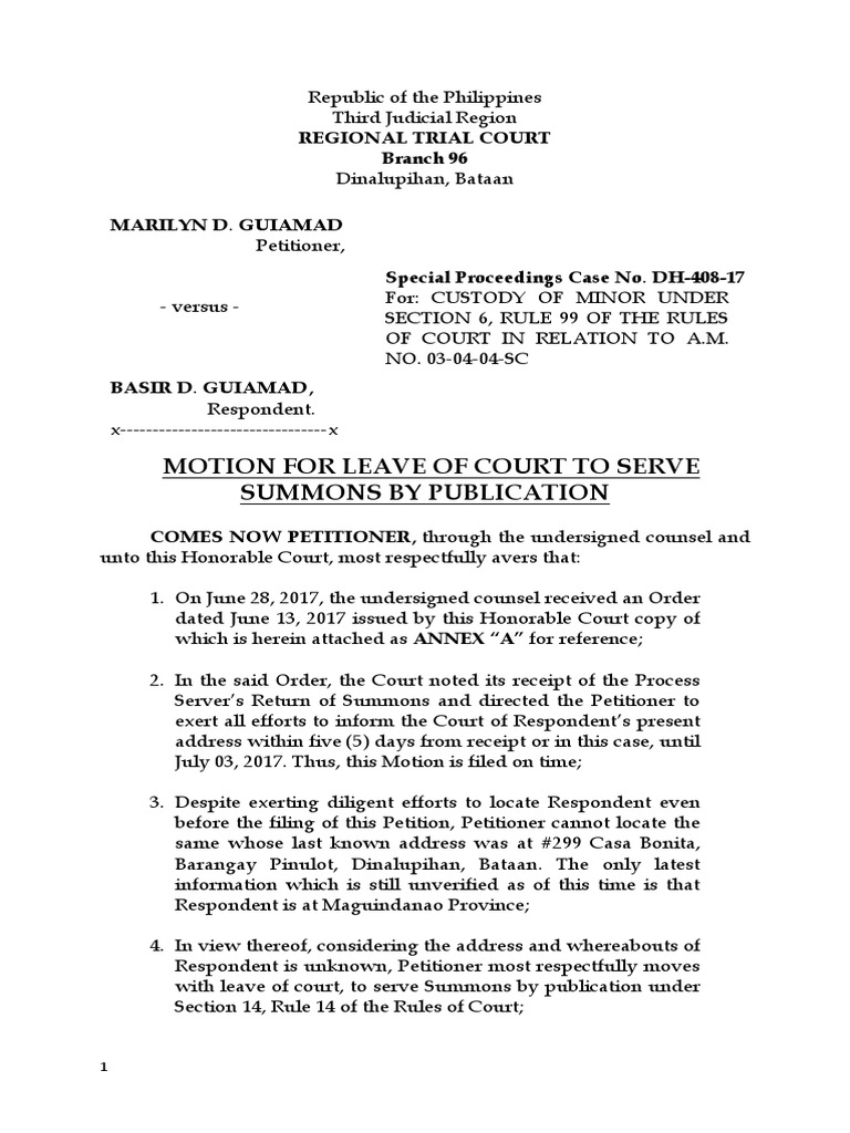 Motion To Serve Summons by Publication Guiamad | PDF | Summons ...