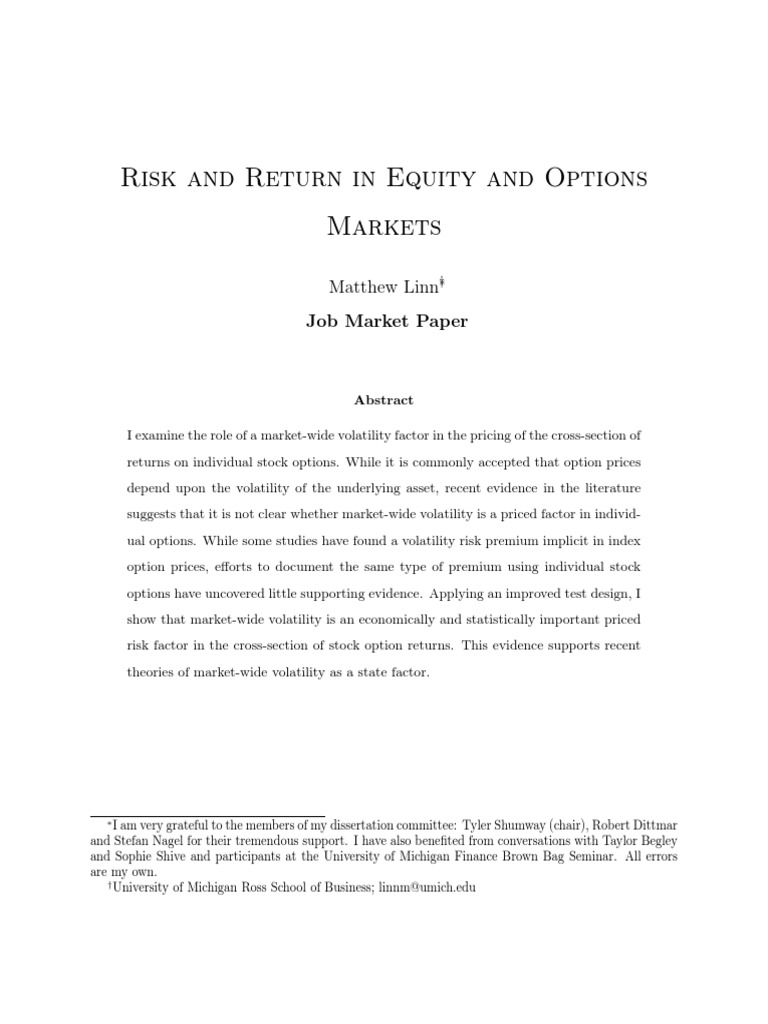 Risk and Return in Equity and Options Markets: Matthew Linn Job Market ...