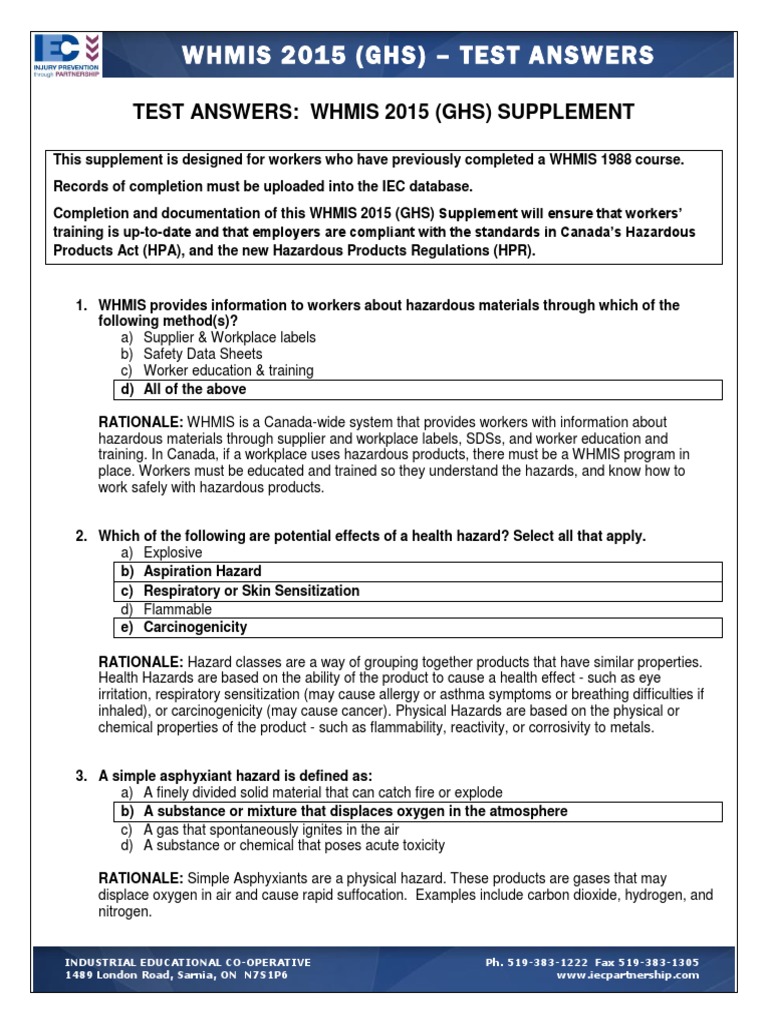 Whmis 2015 Supplement Test Answers | Toxicity | Safety