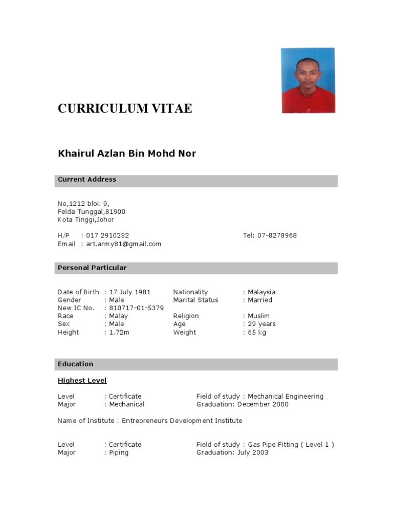 Curriculum Vitae: Khairul Azlan Bin Mohd Nor | PDF | Quality | Evaluation