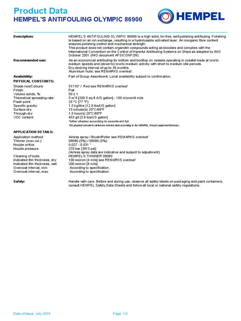 PDS Hempel's Antifouling Olympic 86900 en-GB | PDF | Paint | Pump