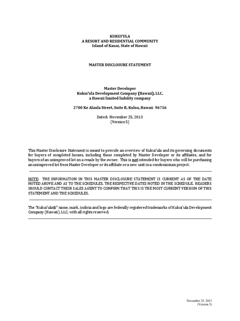 Kukuiula Revised Master Disclosure Statement 11 25 131w PDF | PDF ...