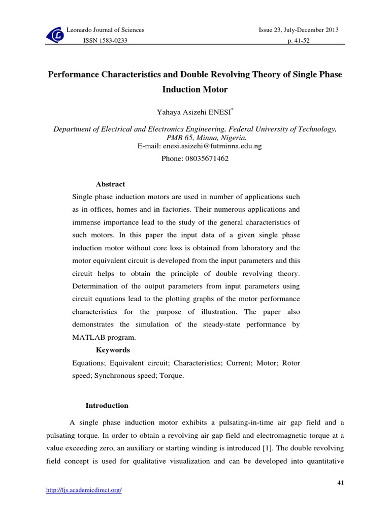 Performance Characteristics and Double Revolving Theory of Single Phase ...