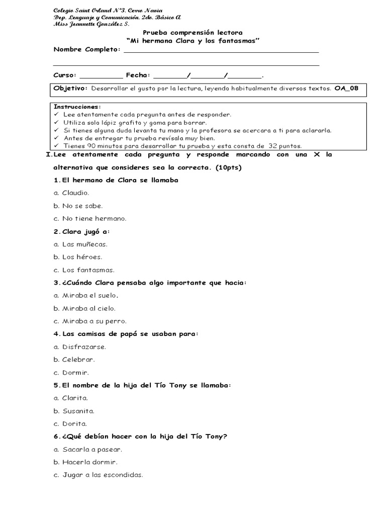 Prueba de Comprensión Lectora 2º Básico | PDF | Ocio