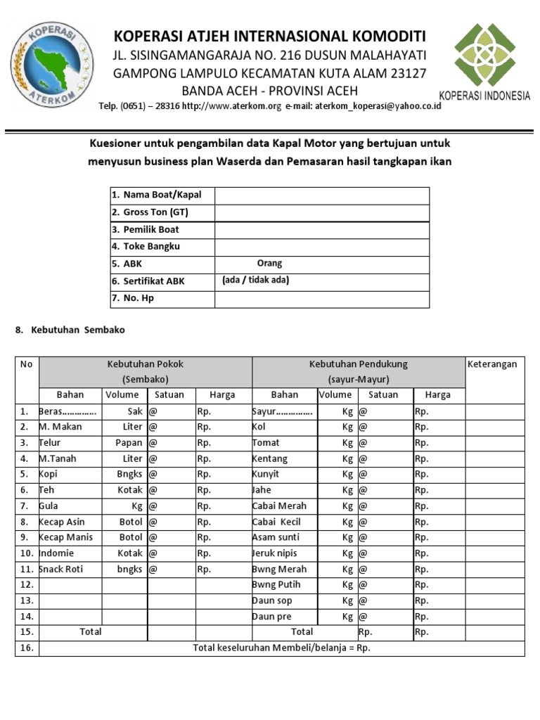 Kuesioner Untuk Pengambilan Data Nelayan | PDF