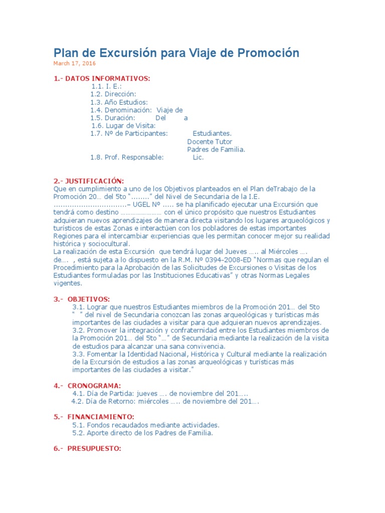 Plan de Excursión para Viaje de Promoción | PDF | Escuelas | Calidad de vida