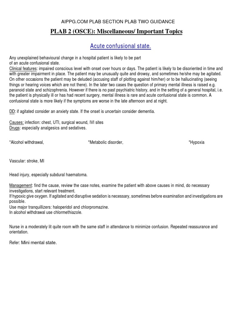 PLAB 2 OSCE: Key Medical Topics | PDF | Leukemia | Diarrhea