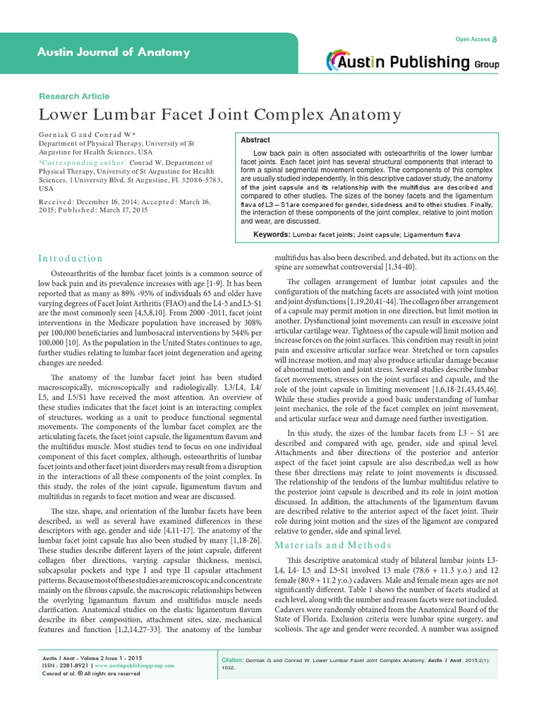 Lower Lumbar Facet Joint Complex Anatomy | PDF | Vertebra | Vertebral ...