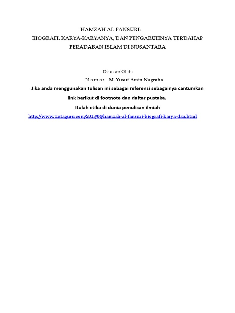 Biografi dan Karya Hamzah Al-Fansuri | PDF