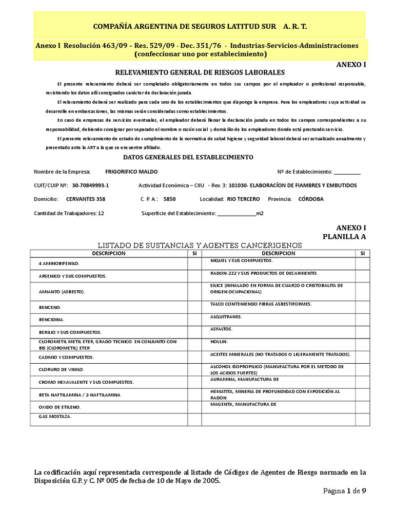 Formulario 463 Frigorifico Madonado | Amianto | Radiación