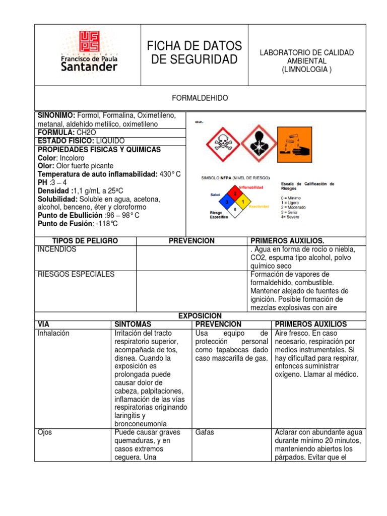 Ficha de Seguridad-Formol | Formaldehído | Etanol