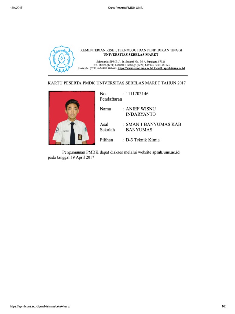 Kartu Peserta PMDK UNS | PDF
