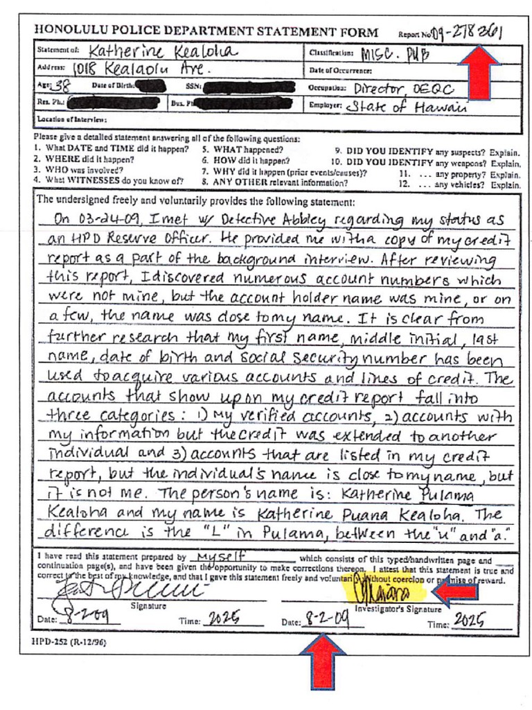 Honolulu Police Department Form - Report No. 09-278361 | PDF