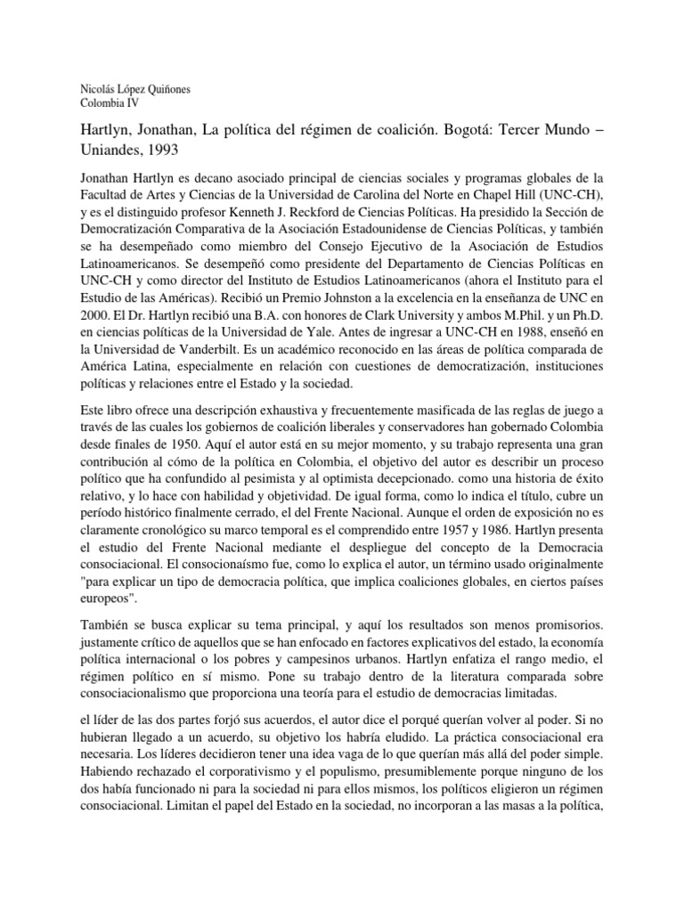 Hartlyn, Jonathan, La Política Del Régimen de Coalición. Bogotá: Tercer ...