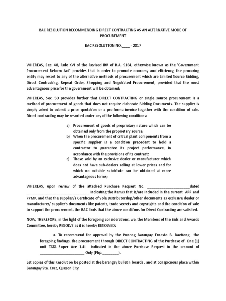 Bac Resolution Recommending Direct Contracting As An Alternative Mode ...