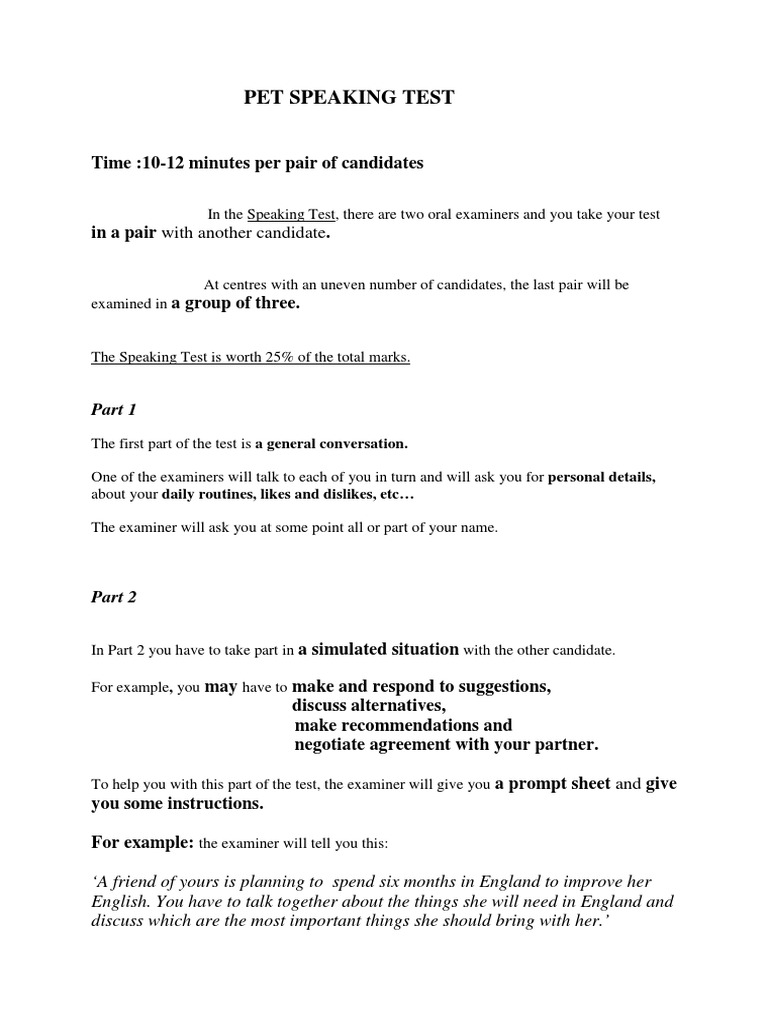 Pet Speaking Test: A Prompt Sheet and Give | PDF