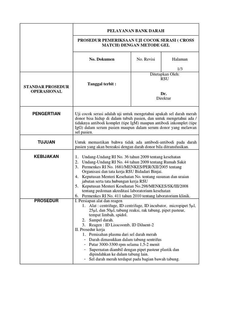 Spo Prosedur Pemeriksaan Uji Cocok Serasi (Cross Match) Dengan Metode ...