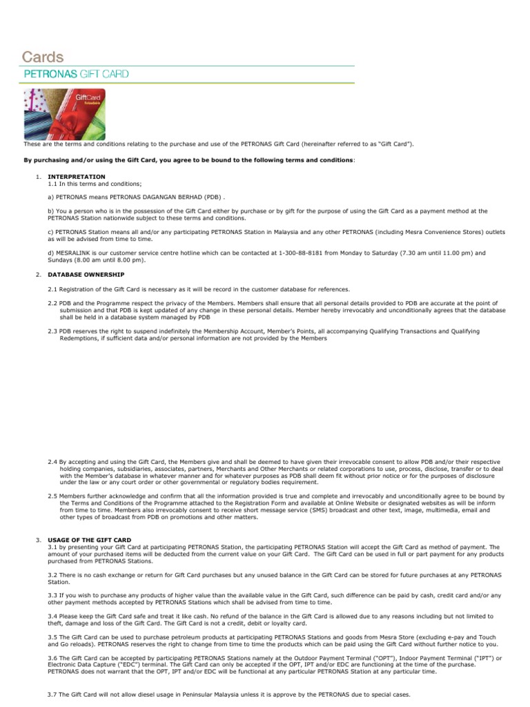 PETRONAS Gift Card Terms & Usage Guide | PDF | Gift Card | Credit Card