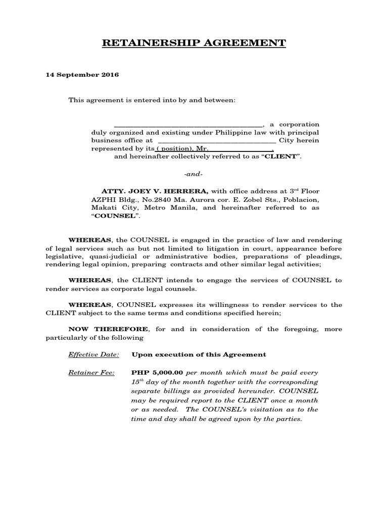 Retainership Agreement (Draft) | PDF | Judgment (Law) | Lawyer