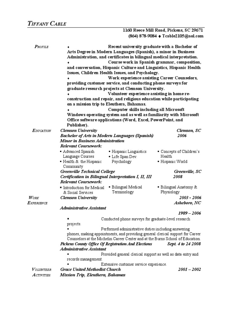 Tiff Cable Resume 2 | PDF | Multilingualism