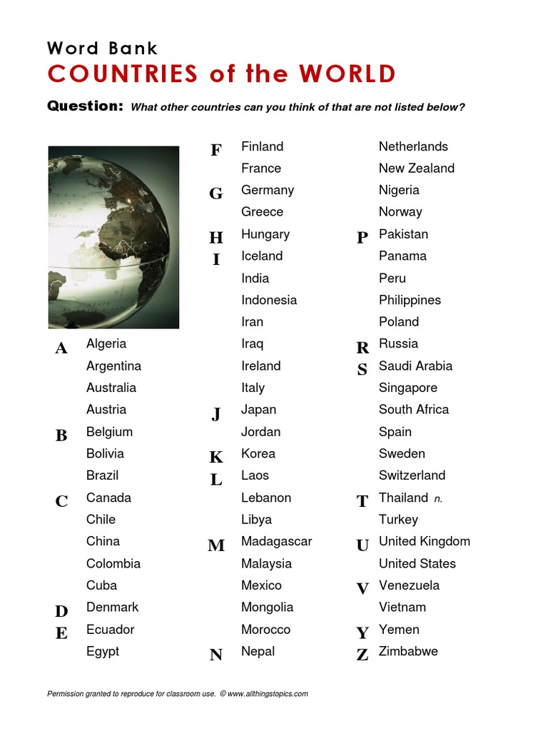 Countries of The World: Word Bank | PDF