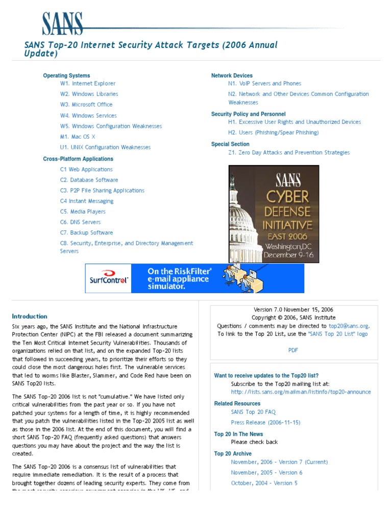 SANS+Institute+-+SANS+Top-20+Internet+Security+Attack+Targets+%282006 ...
