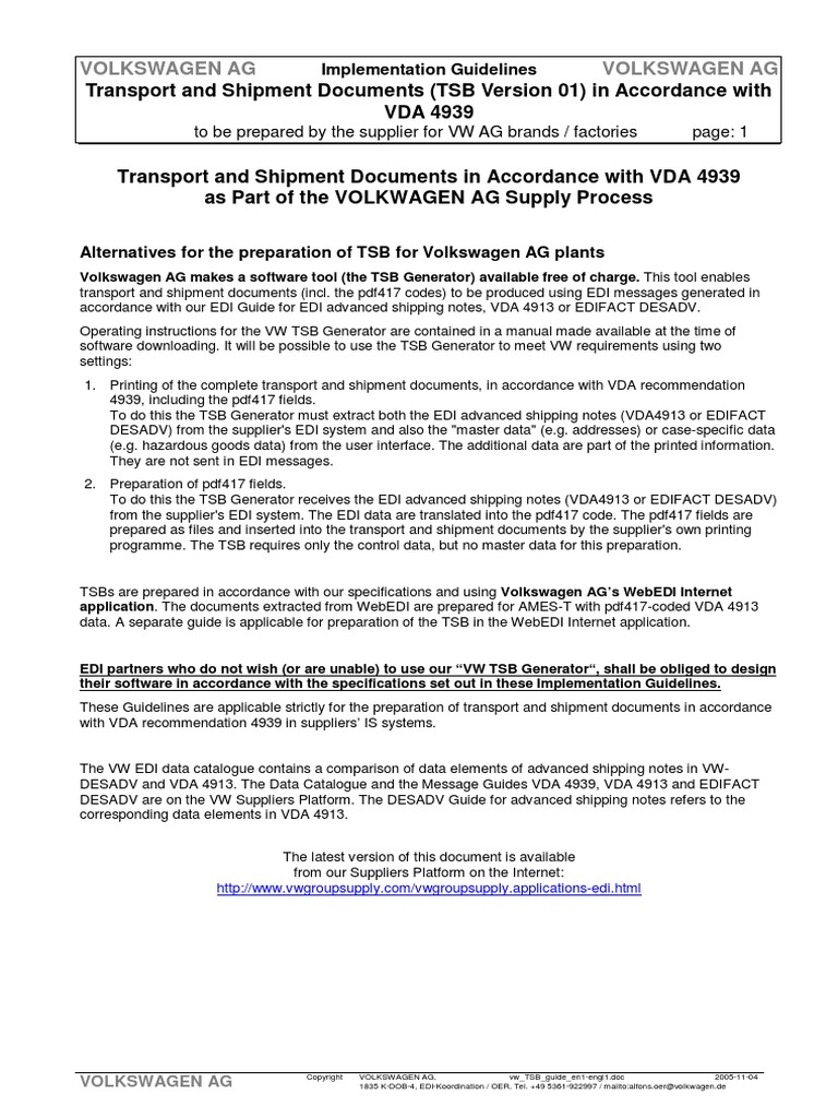 Transport and Shipment Documents Vda 4939 | PDF | Electronic Data ...