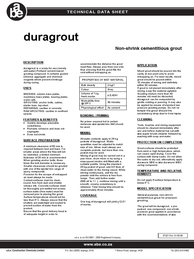 Dura Grout | PDF | Strength Of Materials | Concrete