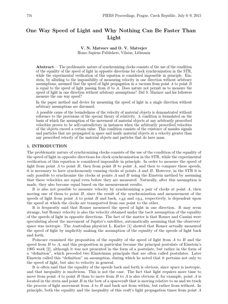 One Way Speed of Light and Why Nothing Can Be Faster Than Light | PDF ...