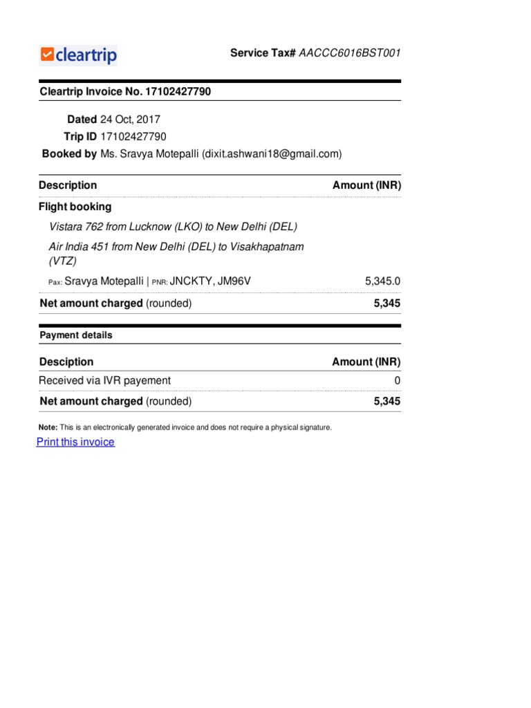 Cleartrip Flight Invoice | Invoice | Services (Economics)