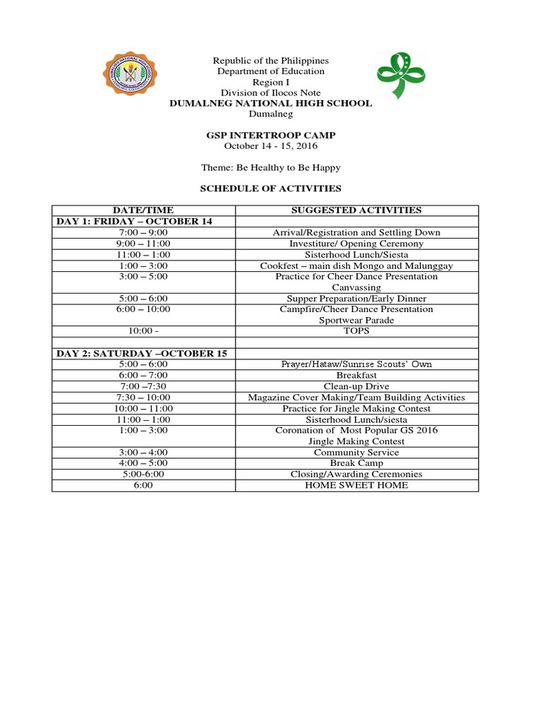 GSP Schedule of Activities | PDF | Meal | Eating Behaviors Of Humans