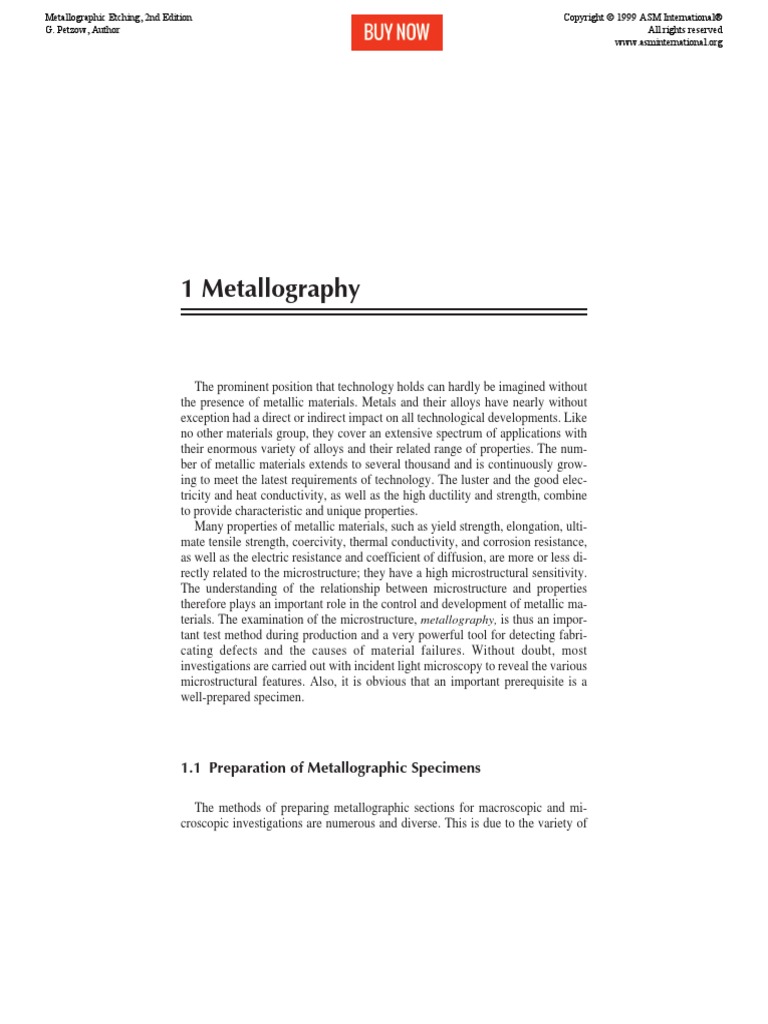 1 Metallography: 1.1 Preparation of Metallographic Specimens | PDF ...