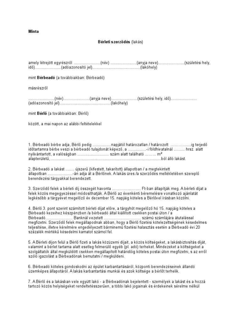 Lakasberlet Szerzodes Minta